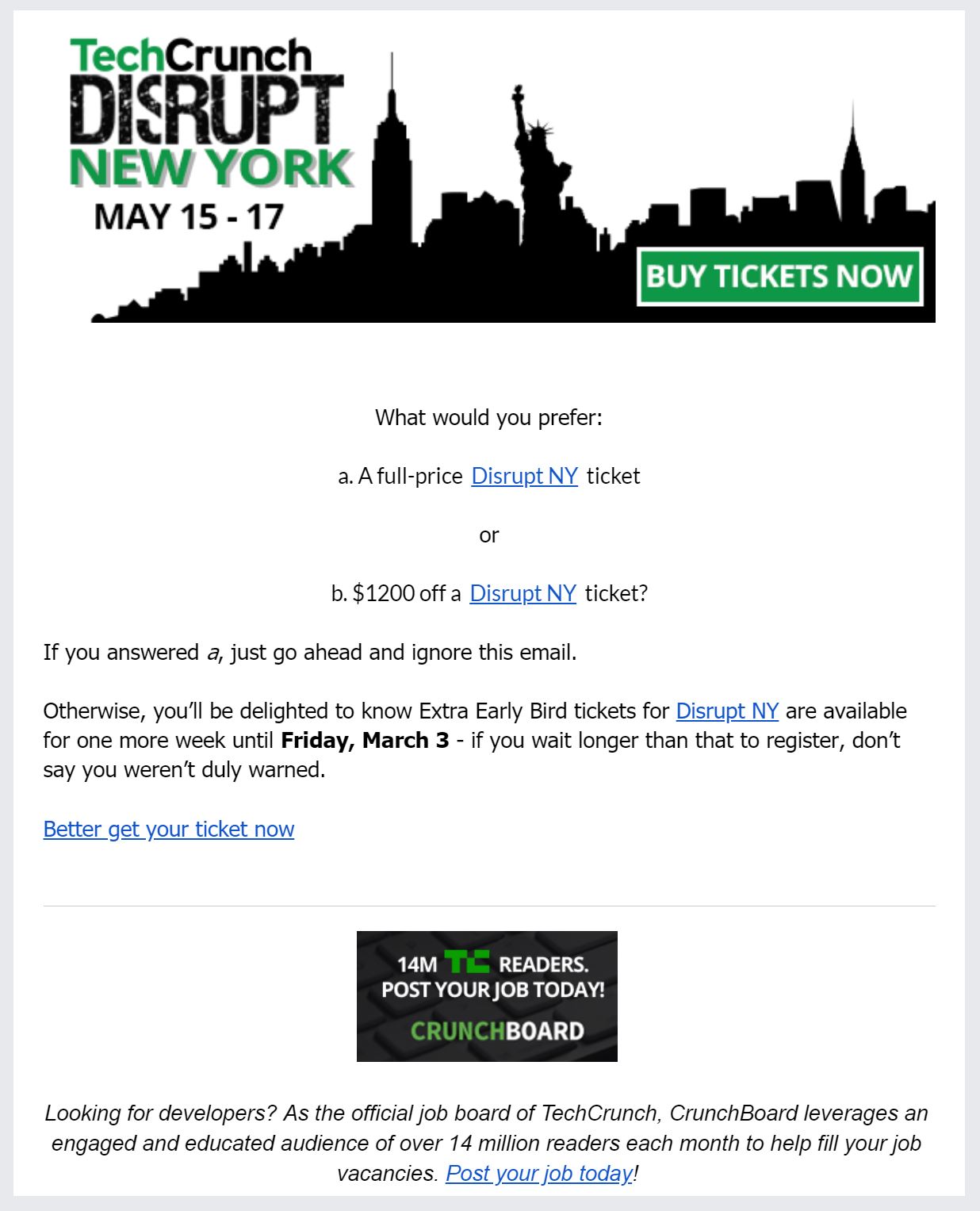 TechCrunch event marketing email | SwipeFile