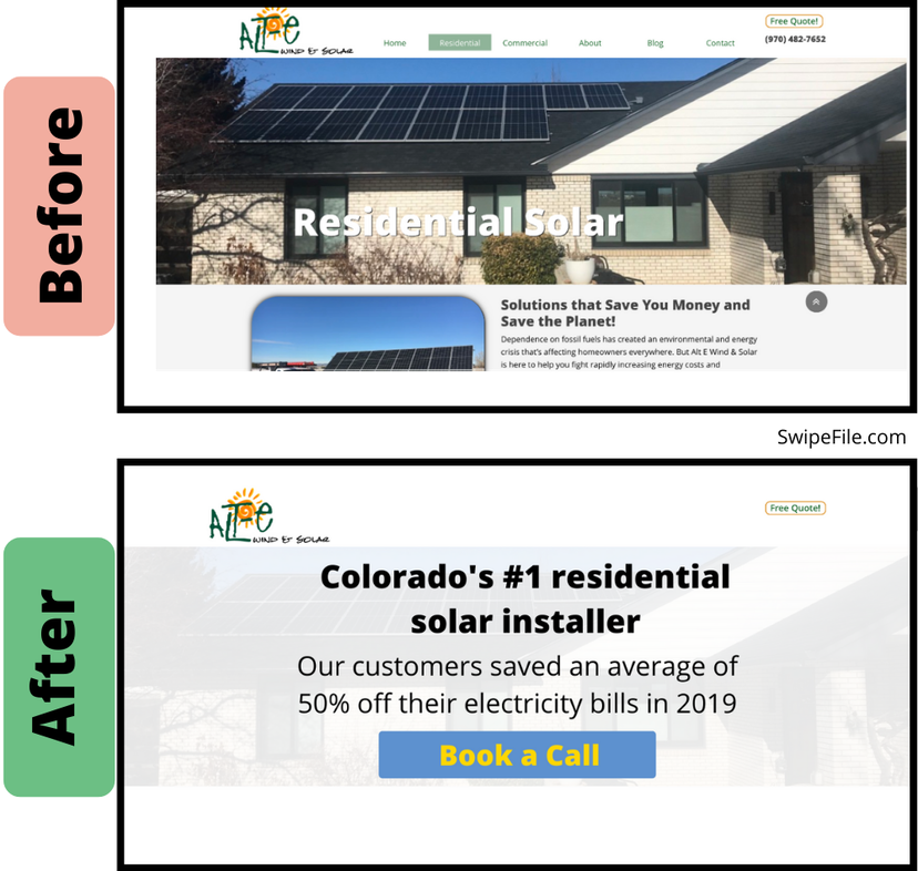 Solar energy home page mockup before and after | SwipeFile