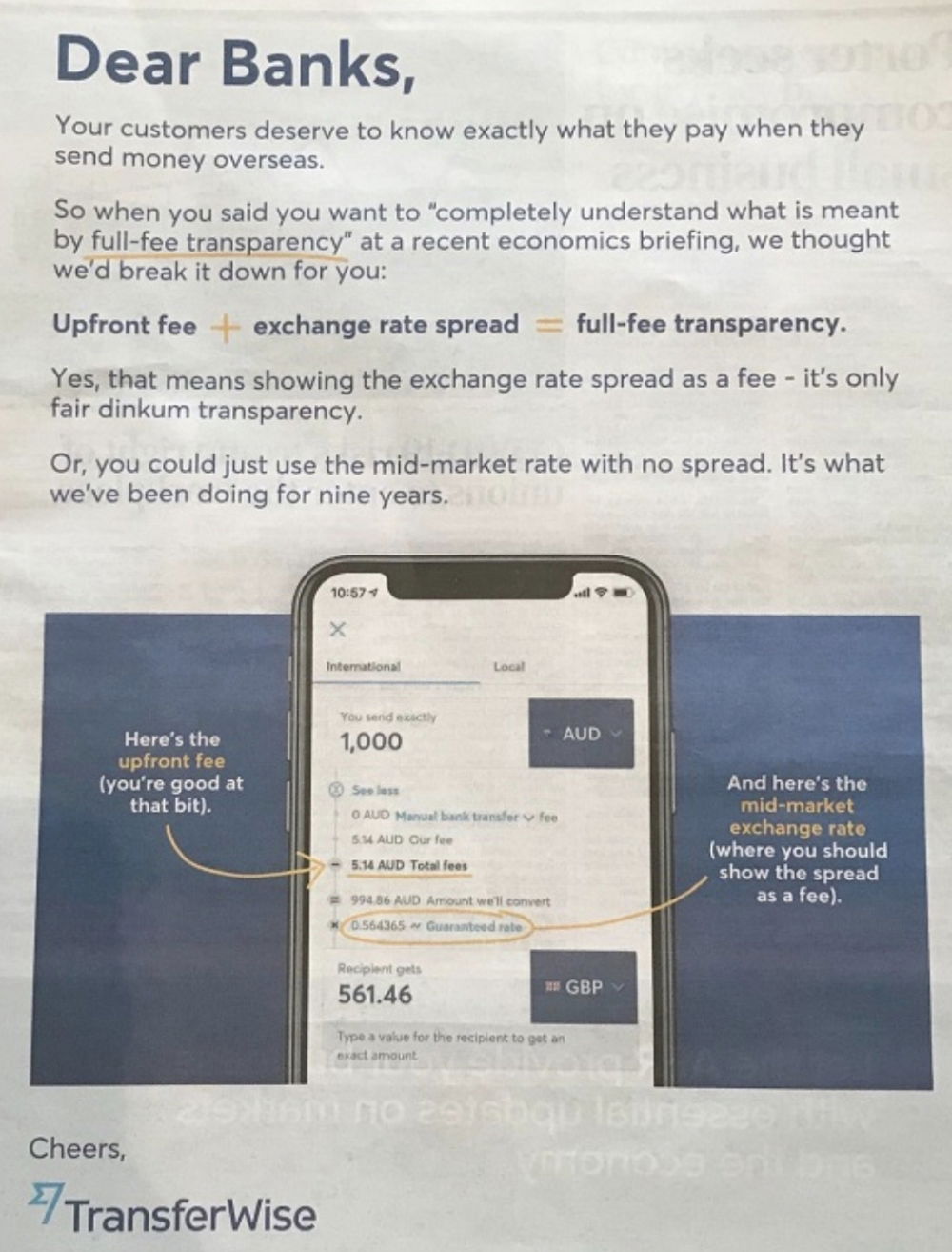 TransferWise Newspaper Ad | SwipeFile