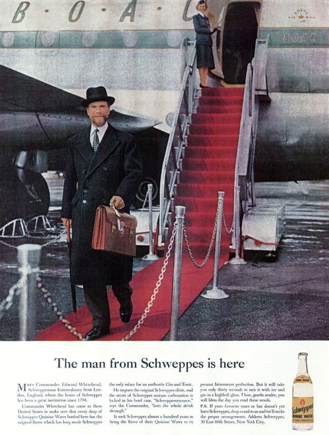 1956 Ogilvy "The man from Schweppes is here" print ad | SwipeFile