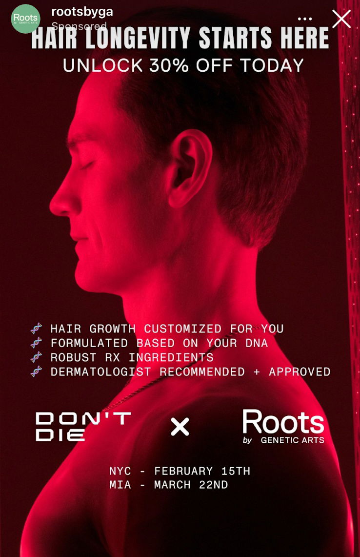 Bryan Johnson collaboration hair restoration ad | SwipeFile