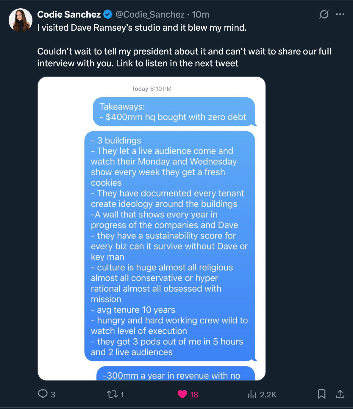 Codie Sanchez’s thoughts on how Dave Ramsey’s studio works | SwipeFile