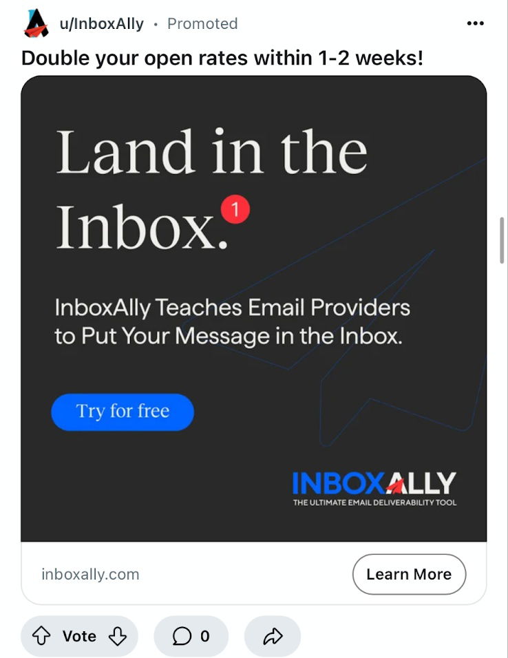 InboxAlly Reddit Ad For Better Open Rates | Swipefile