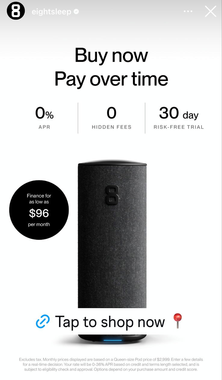 Buy Now Pay Overtime Eight Sleep Ad | SwipeFile